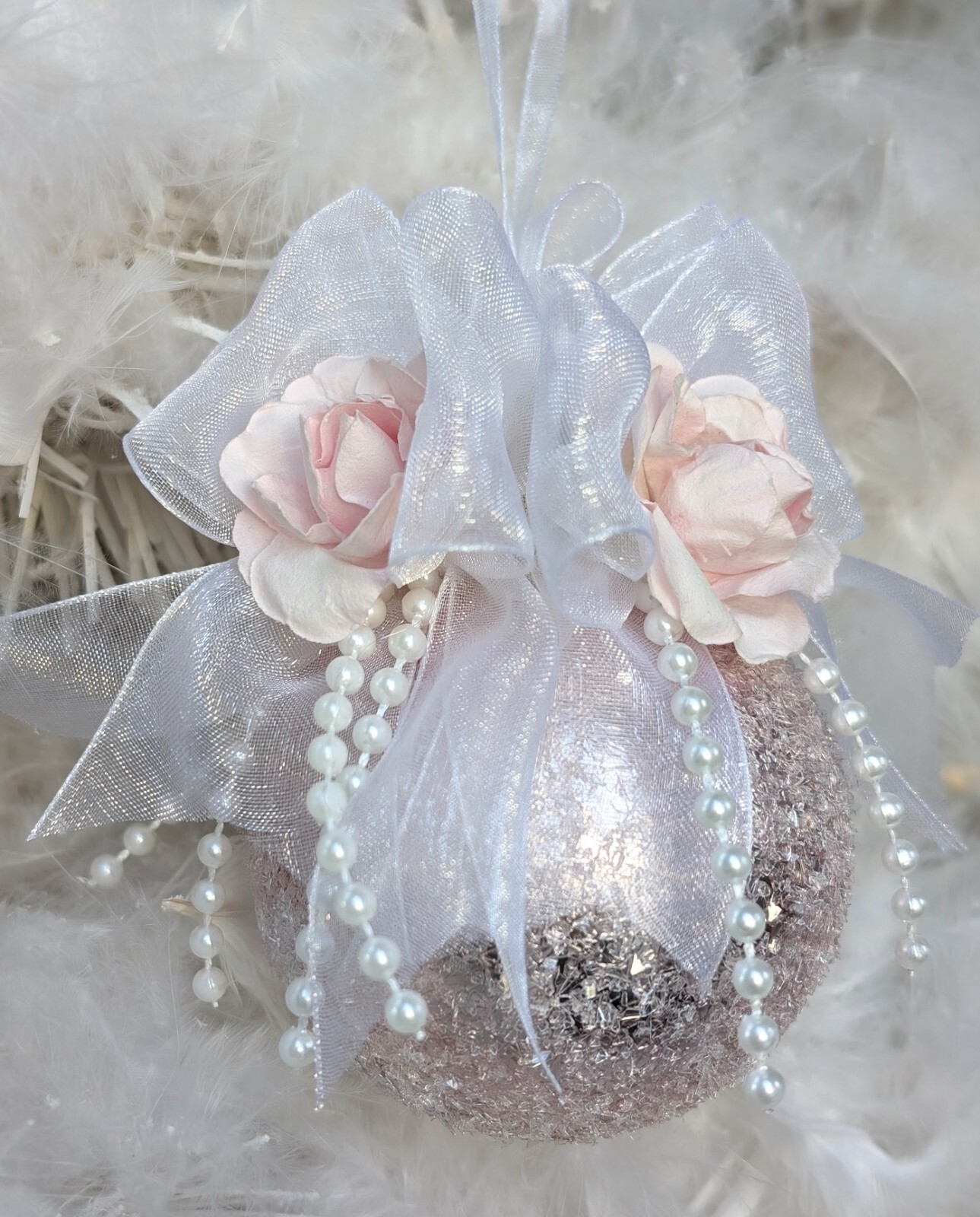 Shabby Victorian Cottage Chic Pink Glass Glitter Roses Ball Christmas ...