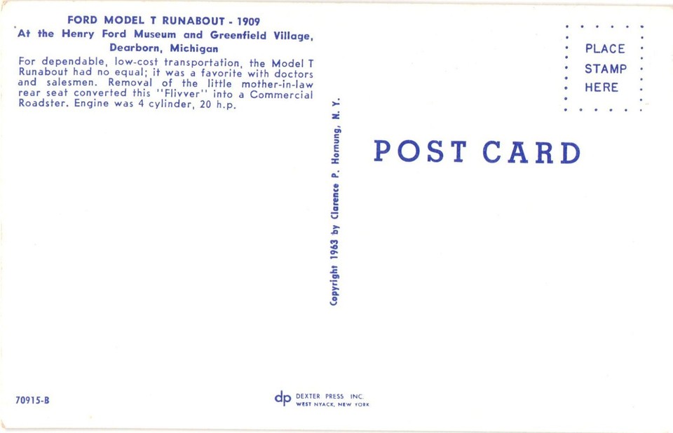 Dearborn Michigan Ford Model T Roadster 1909 Henry Ford Museum Postcard ...