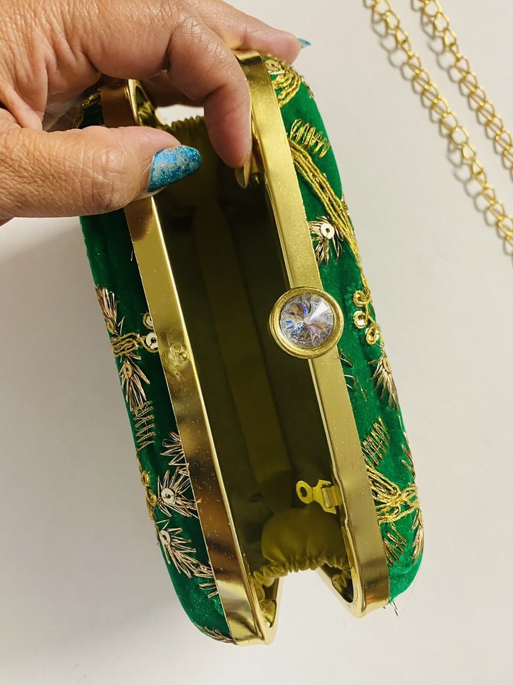 Green GOLDEN VELVET box CLUTCH PURSE Hard Case PARTY Evening Bag ...