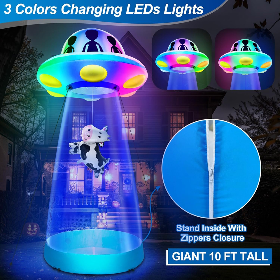 [ 3 Colors Changing Light ] 10 Ft Tall Halloween Inflatable UFO Cow ...