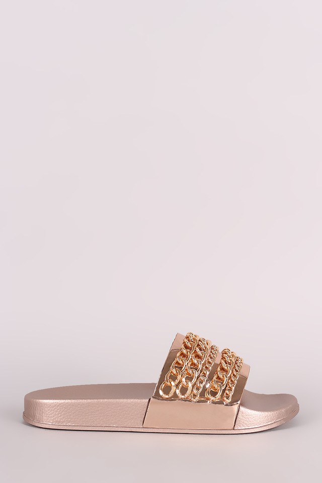 Womens Metallic Chain Link Open Toe Slide Slip On Flat Sandal Flip ...