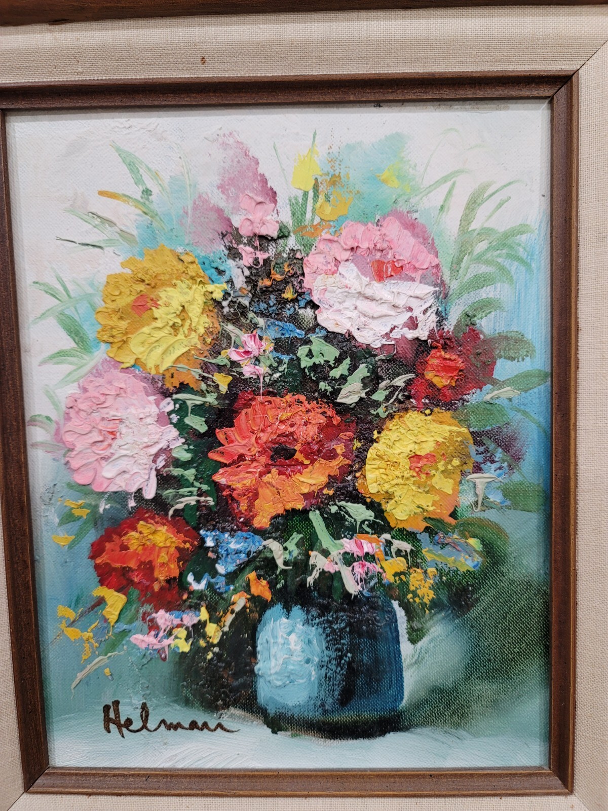 Vintage Floral Still Life Impasto Oil Painting On Board Signed Helman ...