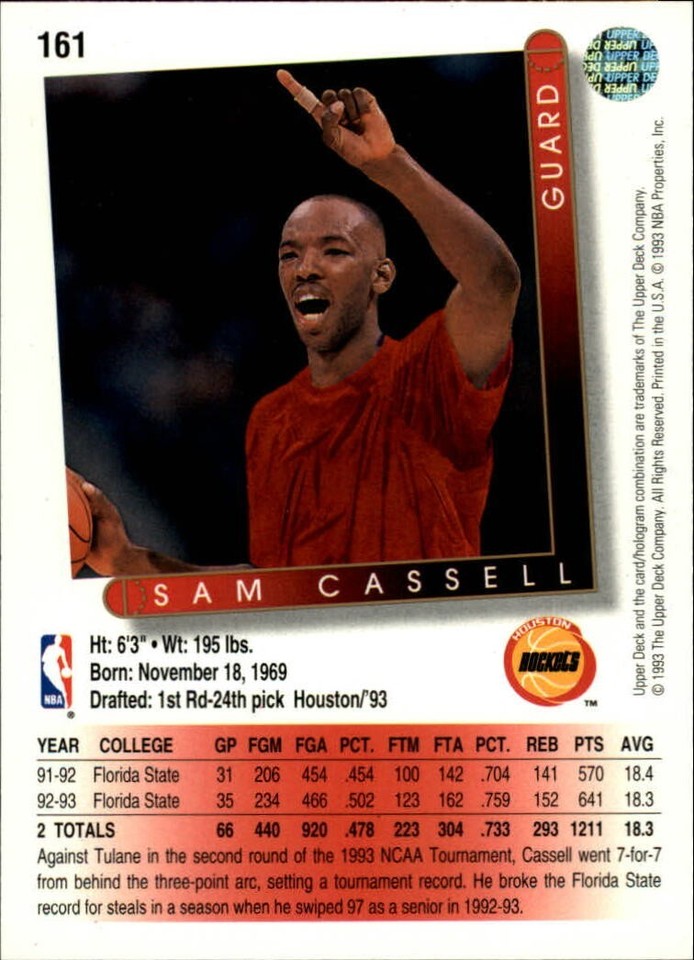 Sam Cassell Houston Rockets 1993-94 Upper Deck Basketball Rookie Card ...