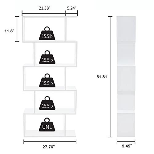 Bookshelf 5-Tier, Geometric Bookcase S Shaped Book Shelves for 5 Tier ...