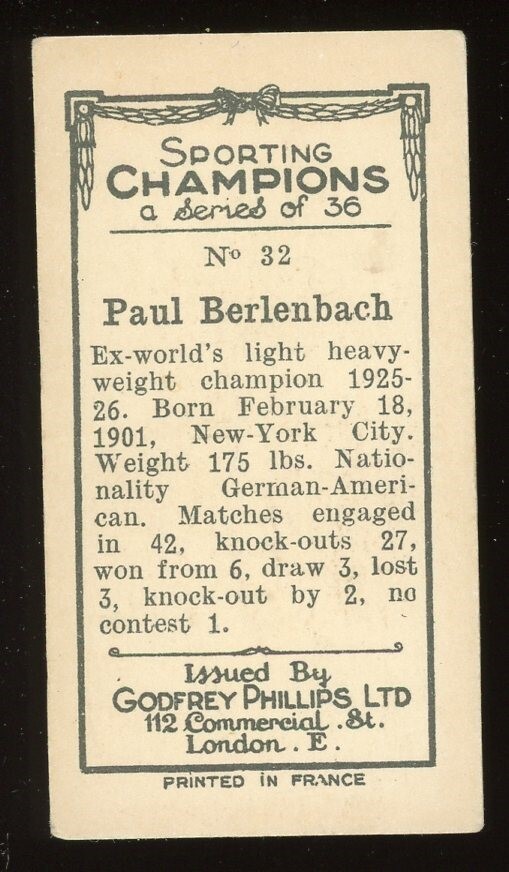 1929 Godfrey Phillips Sporting Champions Boxing #32 Paul Berlenbach EX ...
