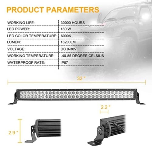180W Roof LED Light Bar Kit with Plug & Play Wiring Harness, 32" Curved ...
