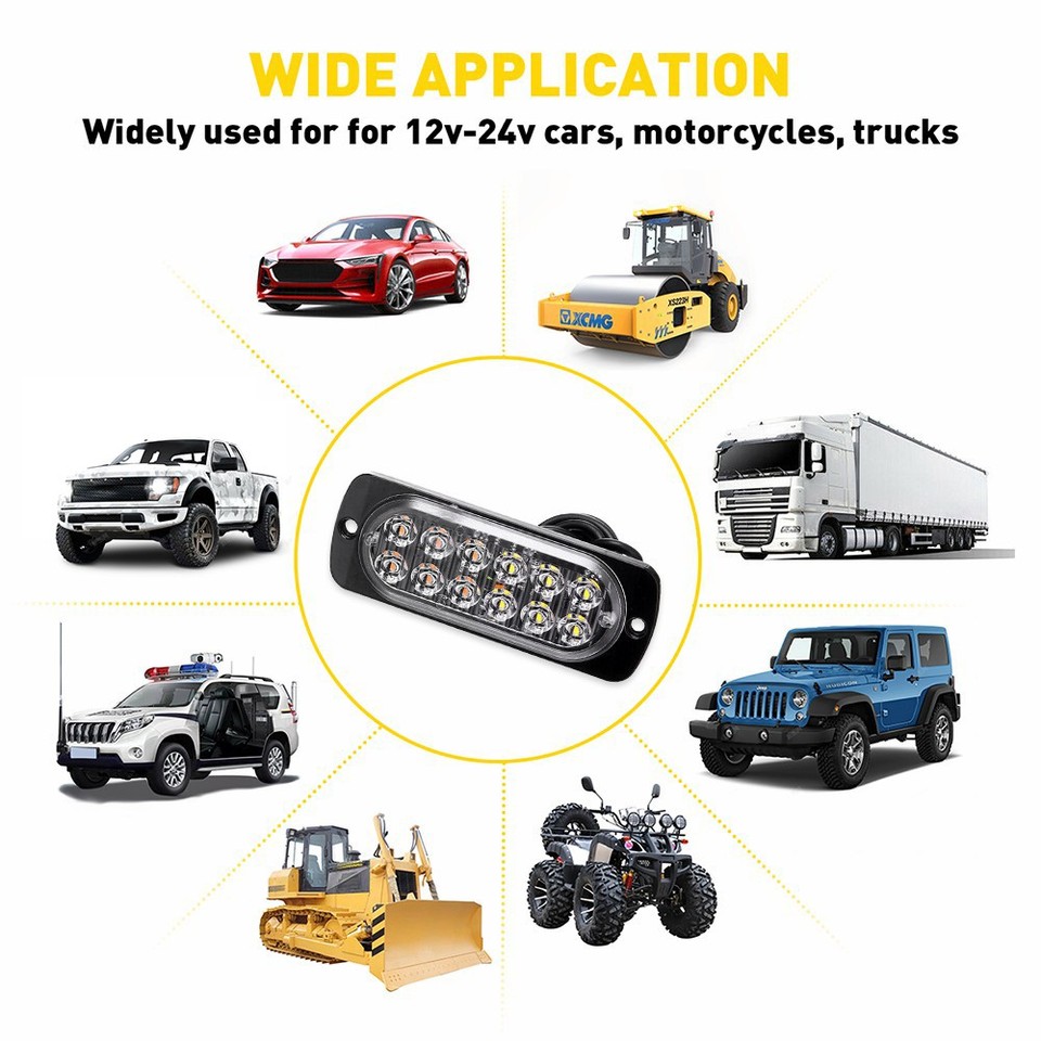 White & Amber 12 LED Car Truck Beacon Warning Hazard Flash Strobe Light ...