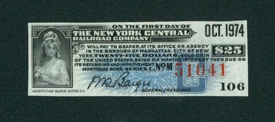 $25 1974 The New York Central Railroad Company Bond ** PAPER CURRENCY ...