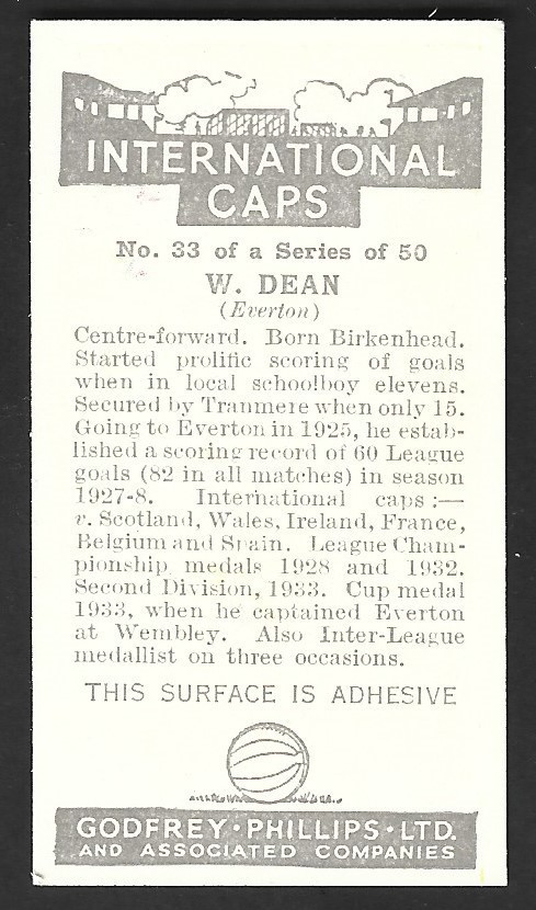 1936 DIXIE DEAN GODFREY PHILLIPS INTERNATIONAL CAPS FOOTBALL CIGARETTE ...