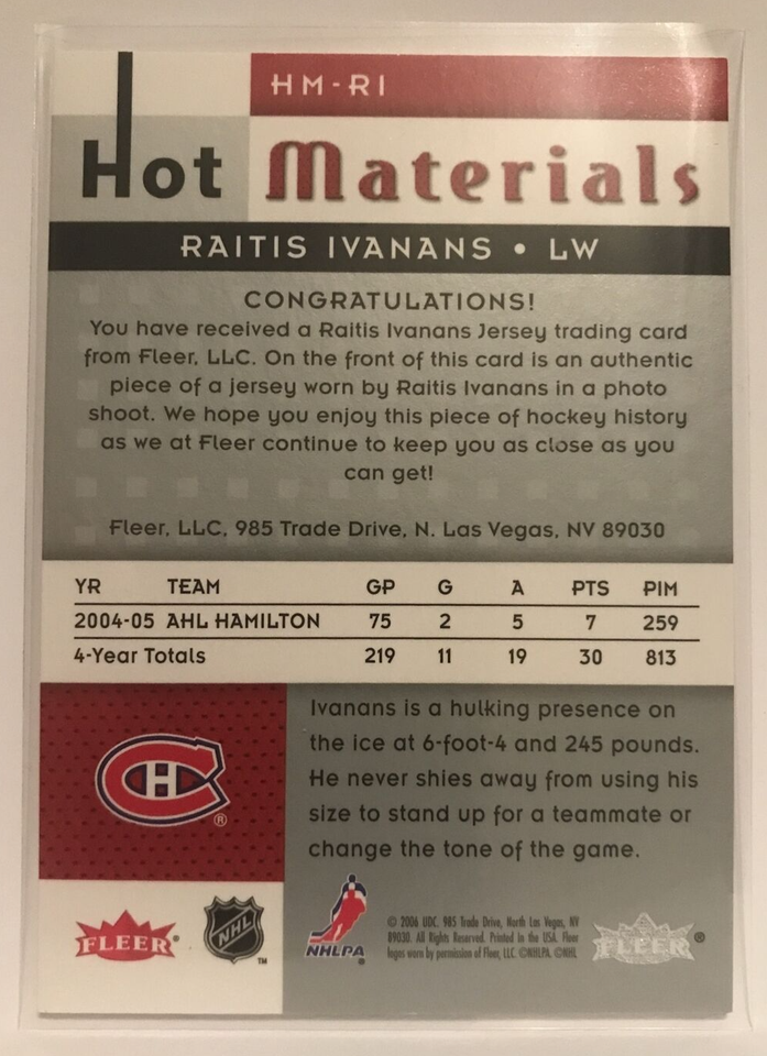 Raitis Ivanans 2005-06 Fleer Hot Prospects Hot Materials Rookie #HM-RI ...