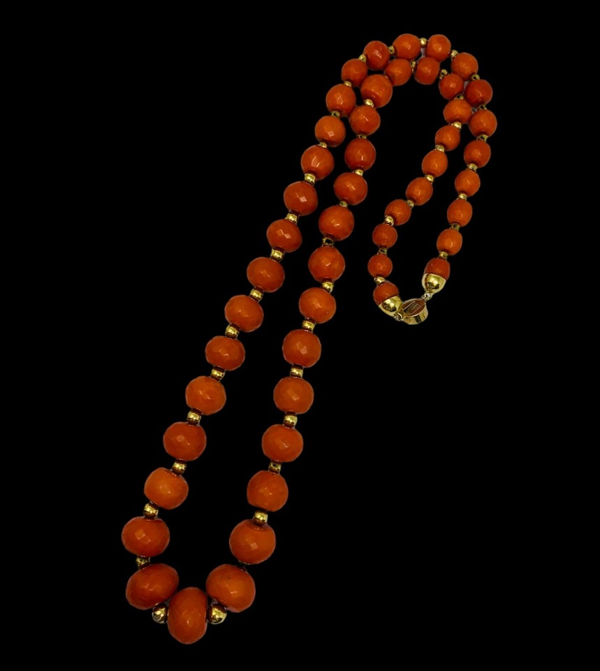 Natural Beaded Coral 18K Yellow Gold Beaded String Large Necklace GIA ...