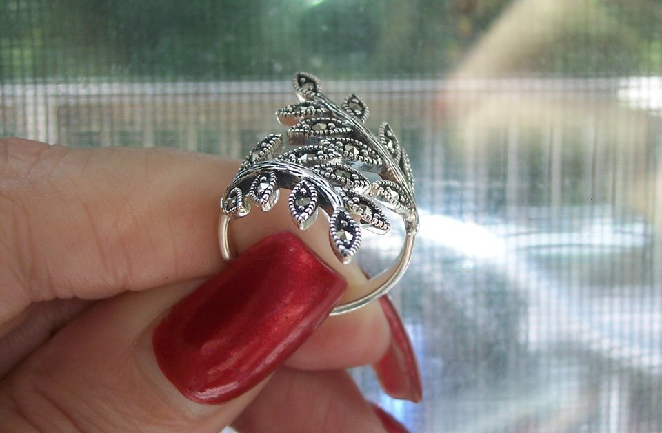 Marcasite Leaves Design Ring 925 Sterling Silver High Polished Women's ...