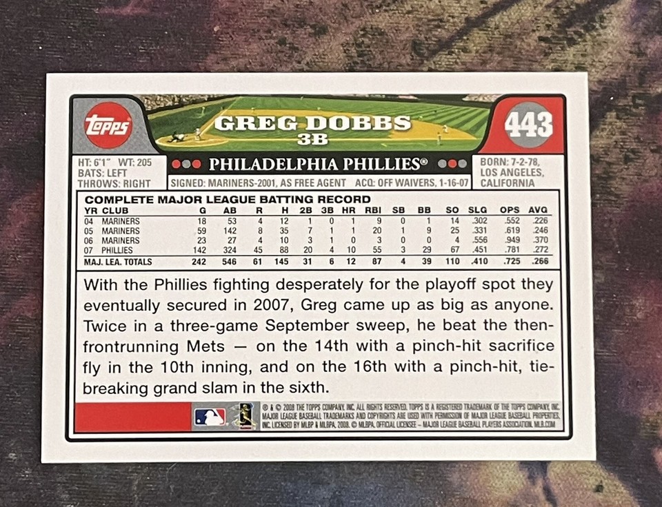 TOPPS 2008 MLB GREG DUBBS #443 3B PHILADELPHIA PHILLIES BASEBALL CARD ...