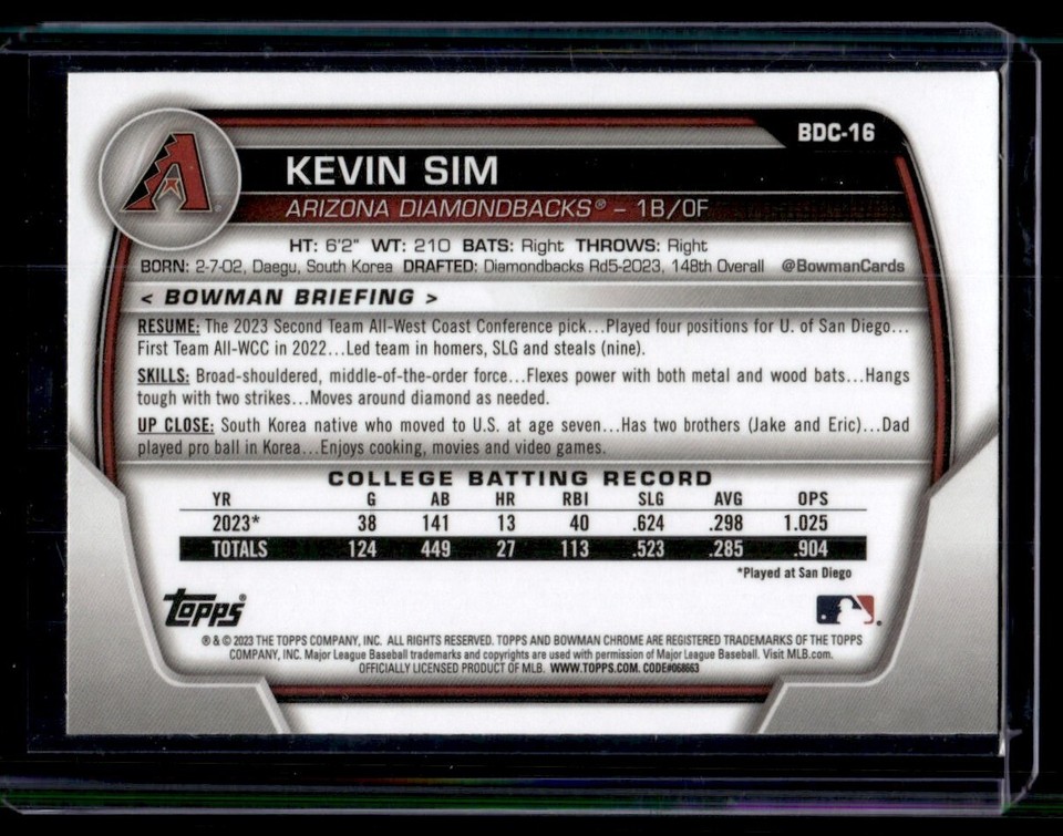 2023 Bowman Draft Chrome Sparkles Refractors Kevin Sim RC Arizona ...