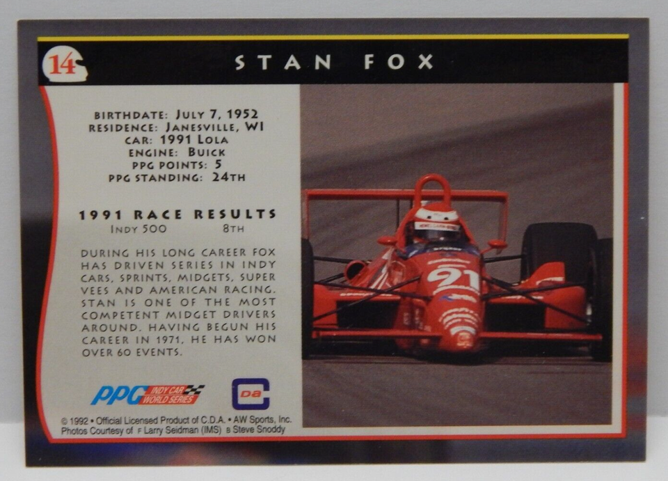 Indy 500 Stan Fox Indy Car World Series Trading Card #14 | eBay