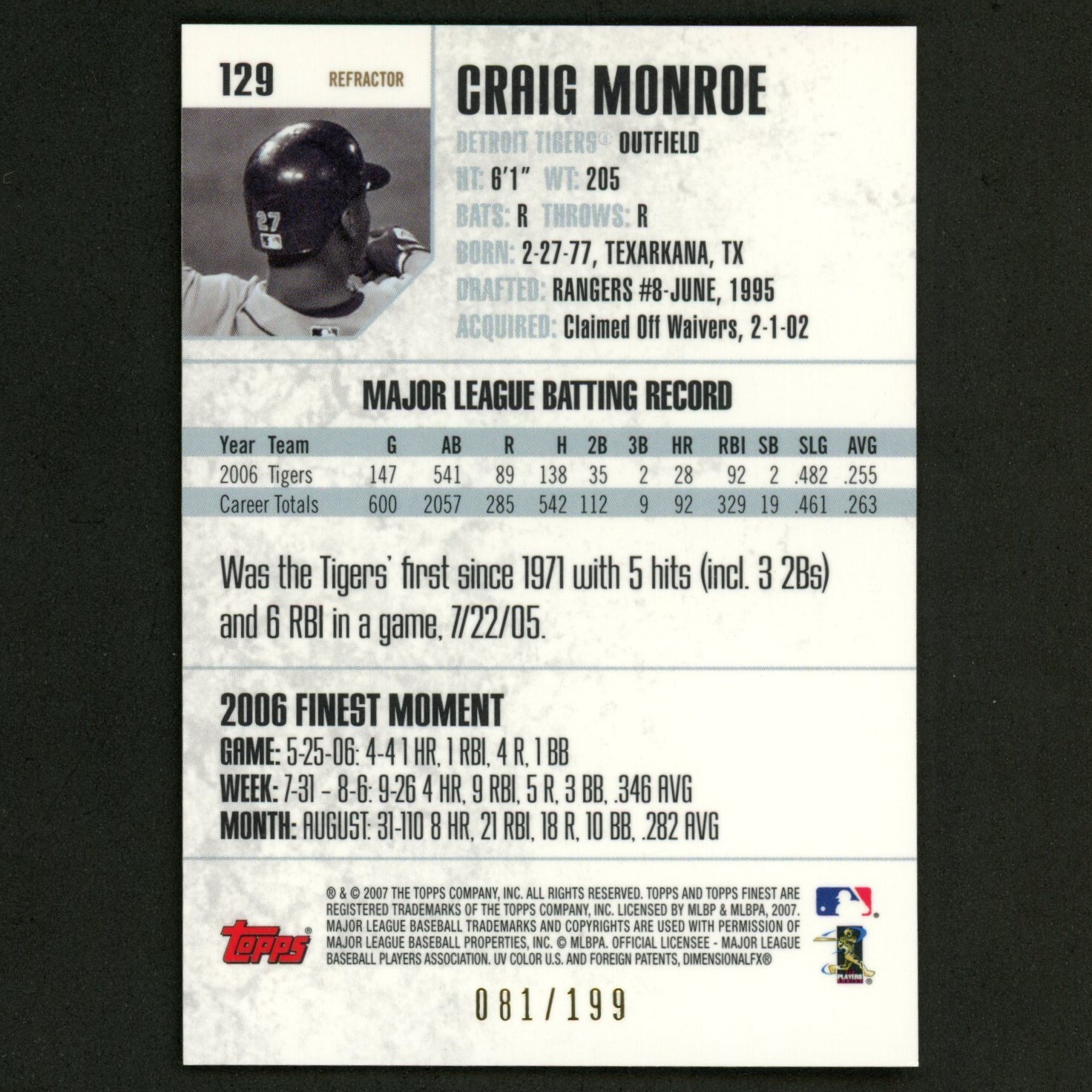 2007 Topps Finest - Green Refractor #129 Craig Monroe /199 for sale ...