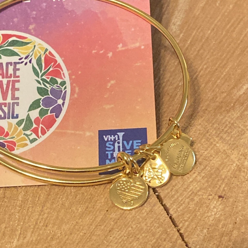 NWT Alex and Ani "PEACE LOVE MUSIC" Charm Shiny Gold Adj Bracelet w/Tag ...