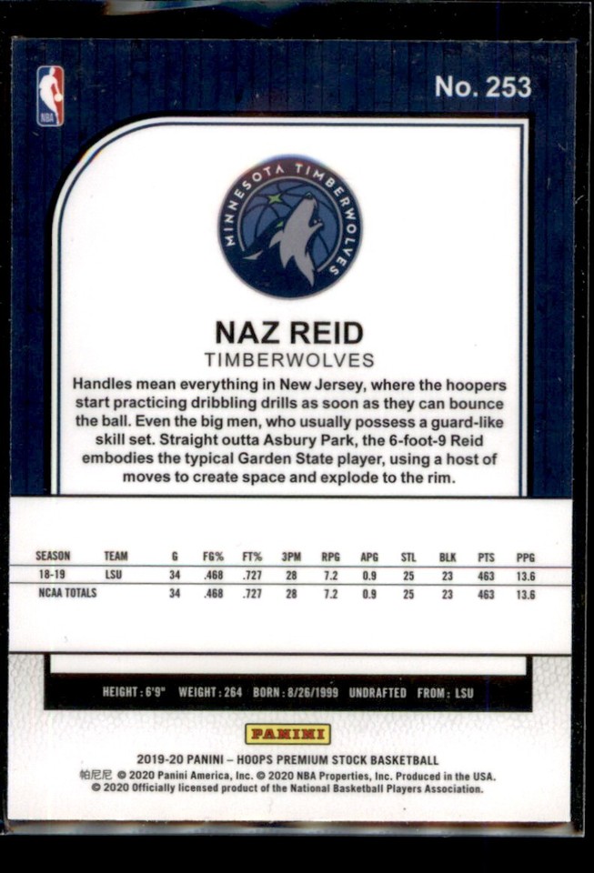 2019-20 HOOPS PREMIUM STOCK NAZ REID RC MINNESOTA TIMBERWOLVES #253 | eBay