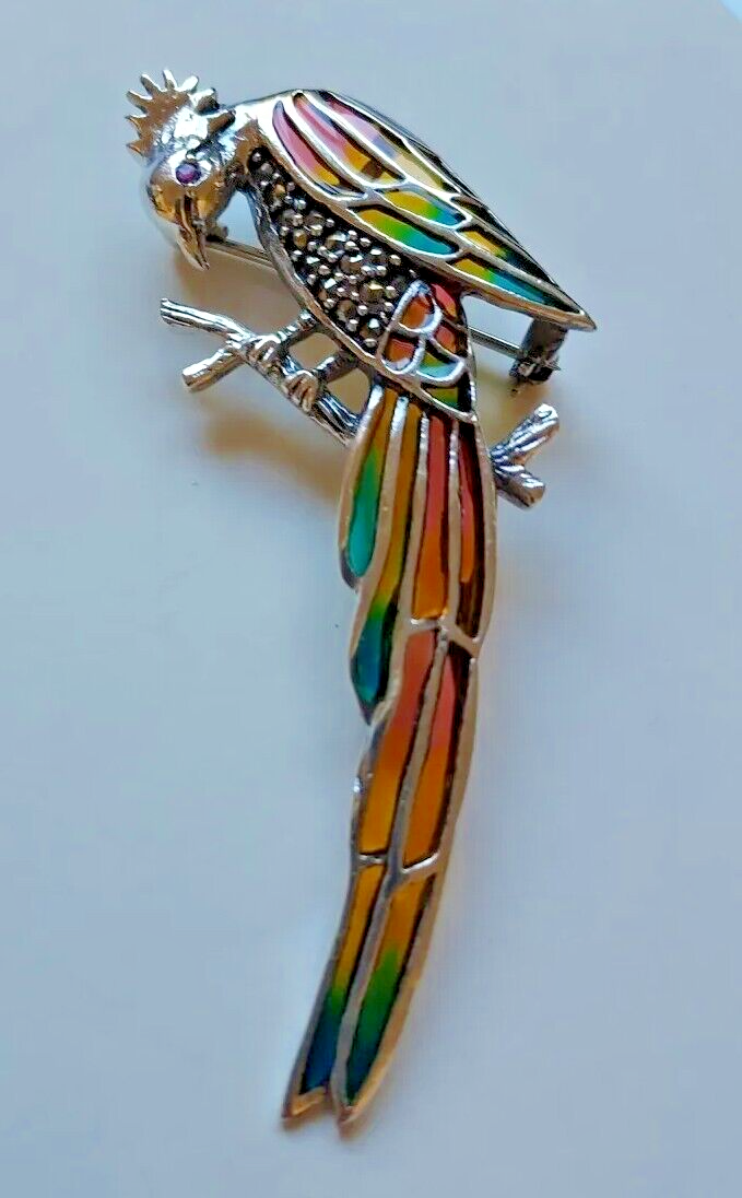 Cockatoo pin/ pendant, Sterling silver and green, pink, orange plique a ...
