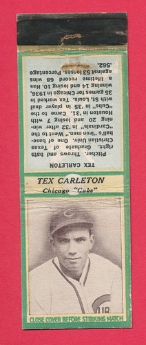 TEX CARLETON 1936 DIAMOND MATCHBOOK CUBS ROOKIE STRIKER NO MATCHES ...