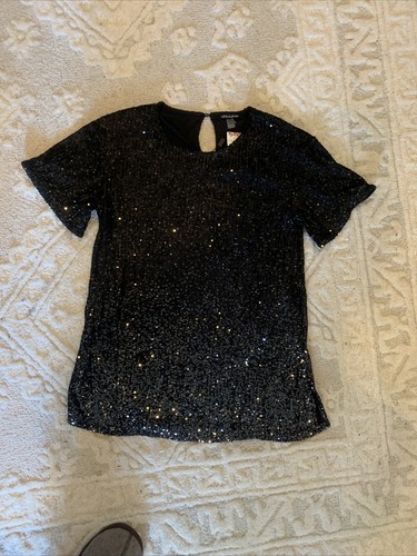 Cable Gauge Top Womens S Black Blouse Sequin Flowy Shimmer Short Sleeve ...