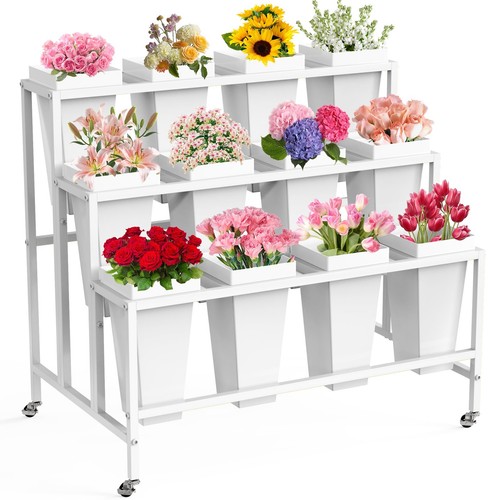 Flower Display Stand with 12 Buckets, 3 Layers Flower Cart White Metal ...
