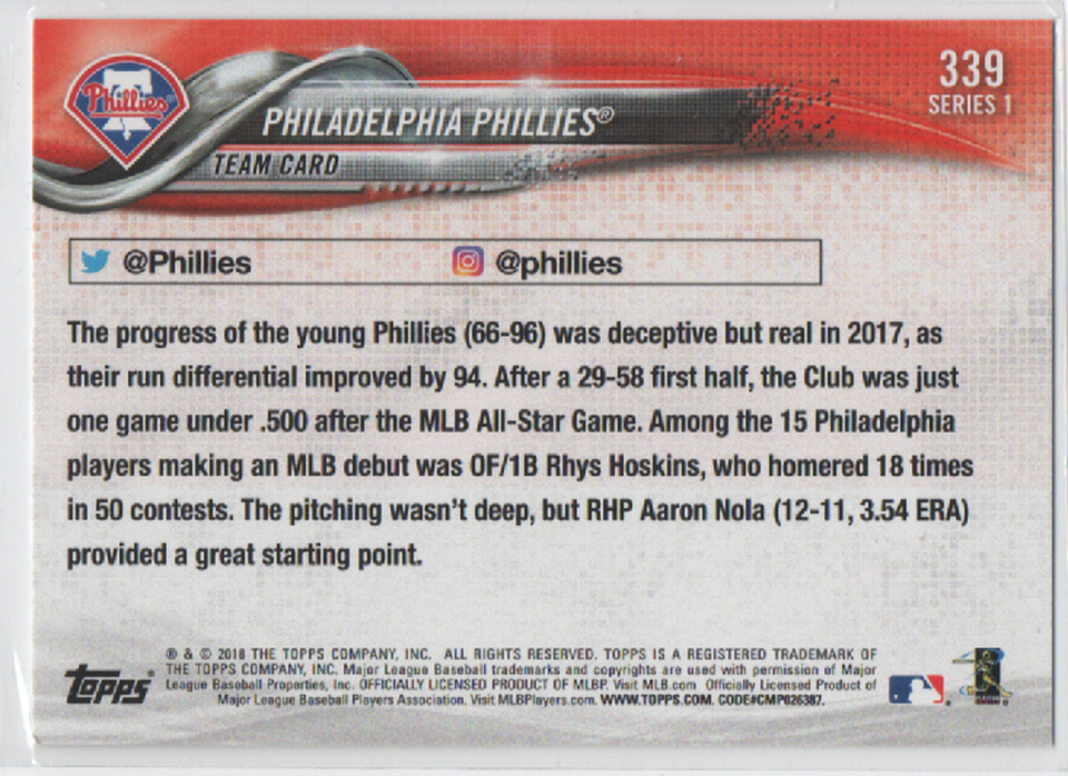 2018 Topps Series 1 Toys R Us PURPLE #339 Philadelphia Phillies Team ...