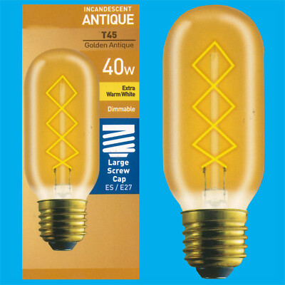 2x 40W Golden Antique Diamond Filament T45 Dimmable Tubular E27 Light ...