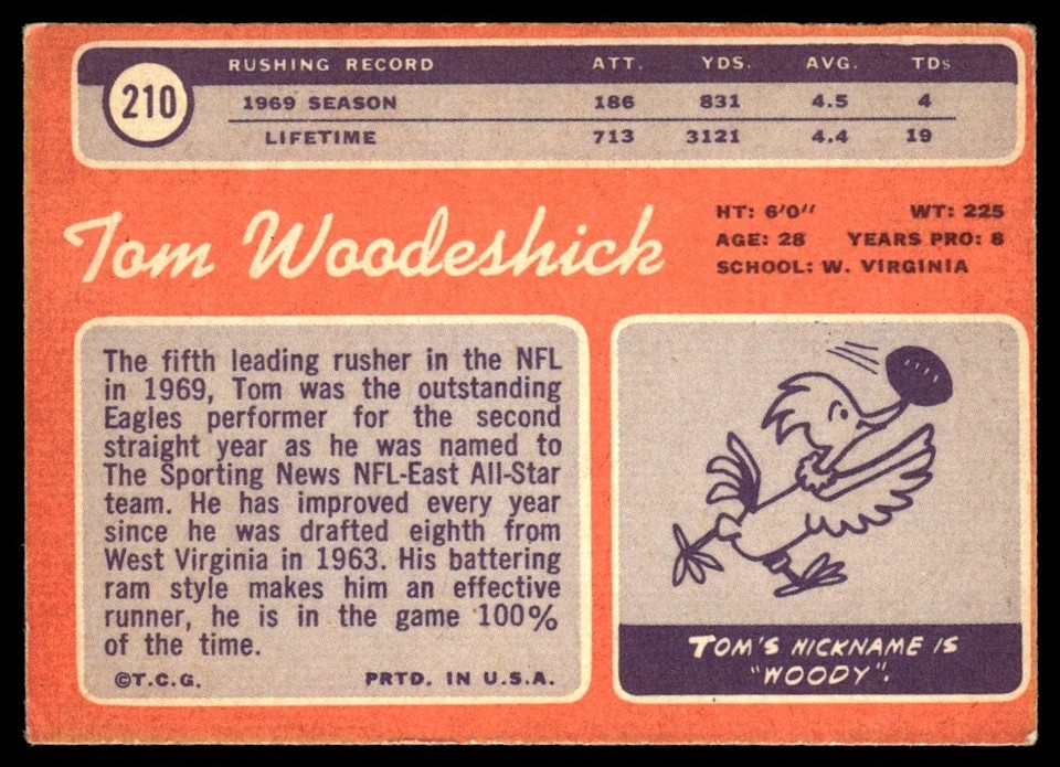 1970 Topps Tom Woodeshick Philadelphia Eagles #210 | eBay