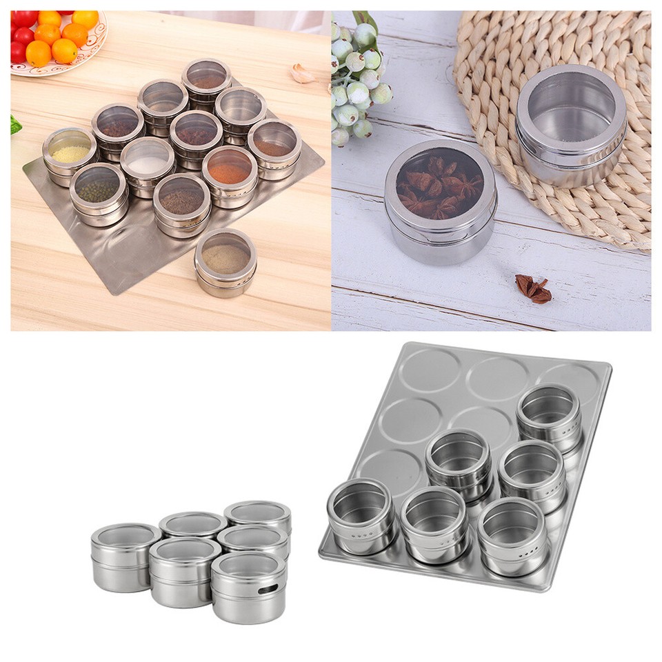 4/6/9/12 Magnetic Spice Jar w Rack Stainless Steel Spice Sauce Storage ...