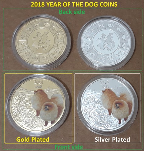 Year of the Dog Pomeranian Gold Silver Plated Coins Collectibles - 2pcs ...
