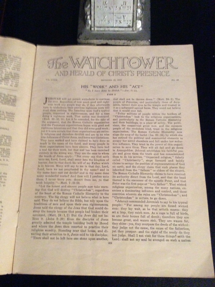 Watchtower Jehovah Original September 15 1937 Vol. LVIII No. 18 | eBay