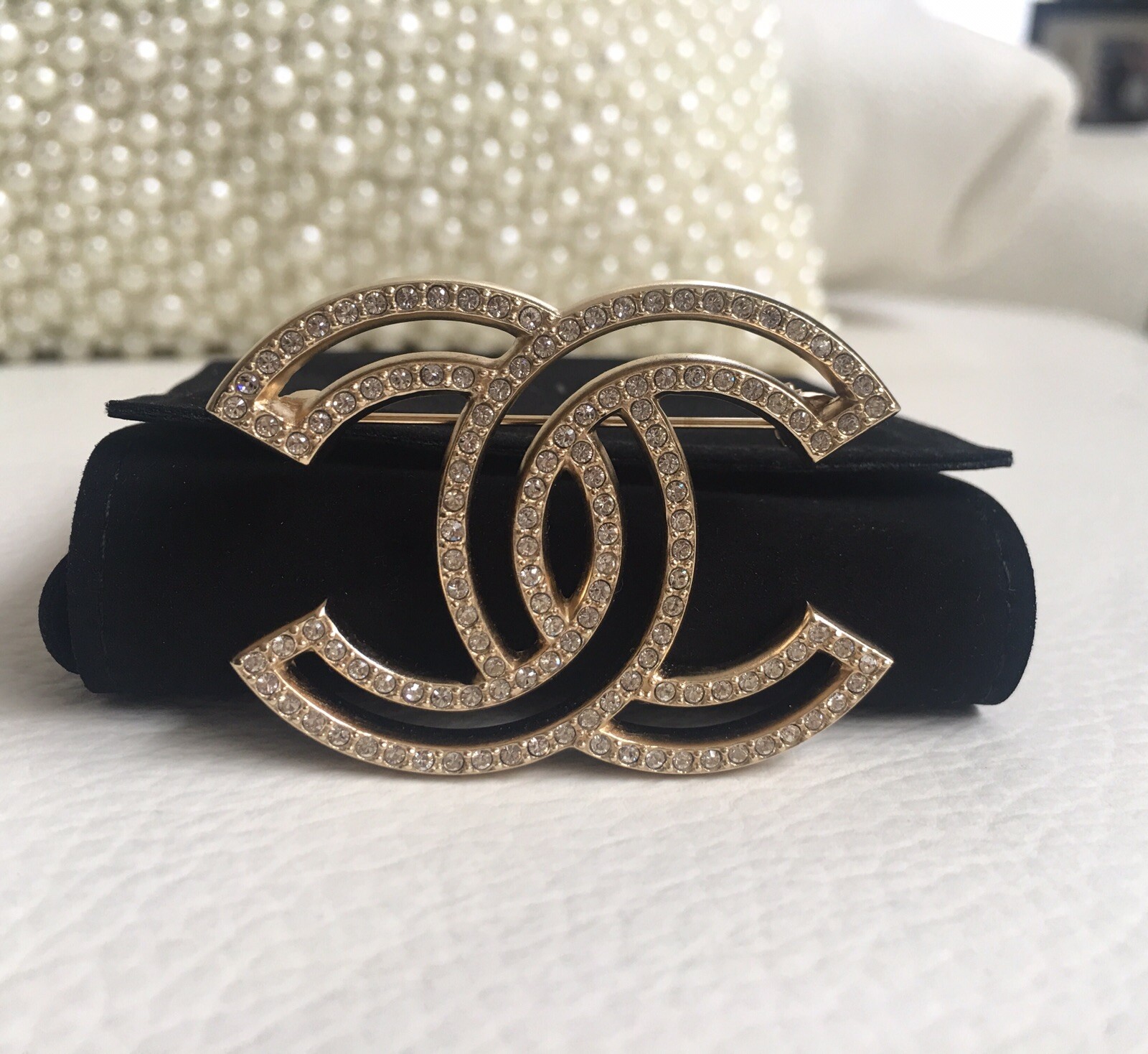Authentic Chanel CC Logo Gold Crystals Brooch - Gem
