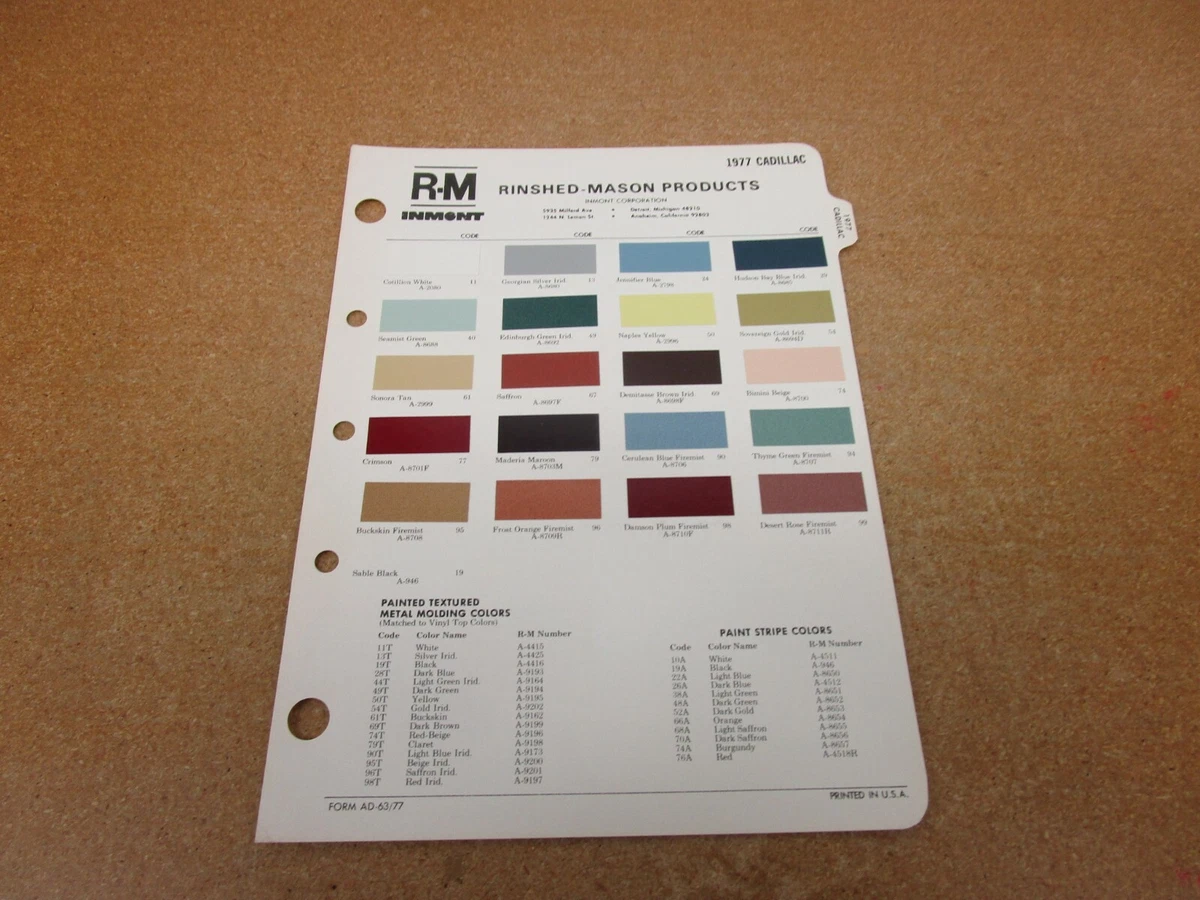 Cadillac Paint Color Chart