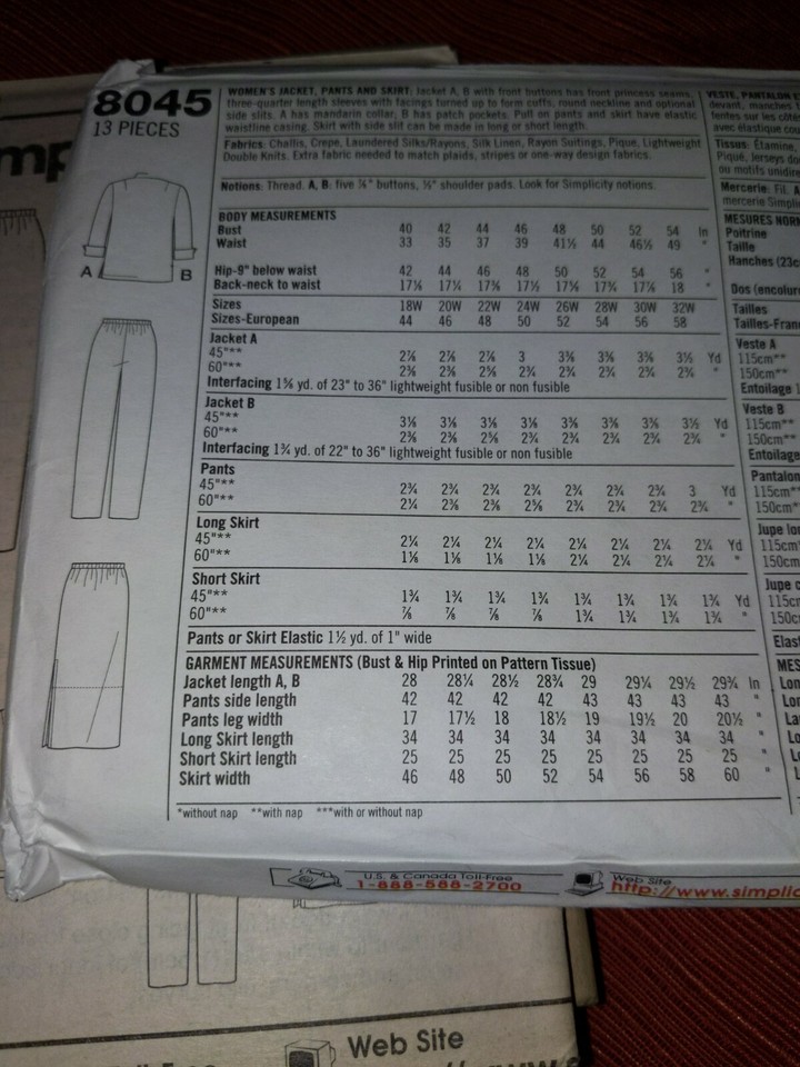 Simplicity 8045 Plus Womens Jacket Pants Skirt Sewing Pattern Uncut 18W ...