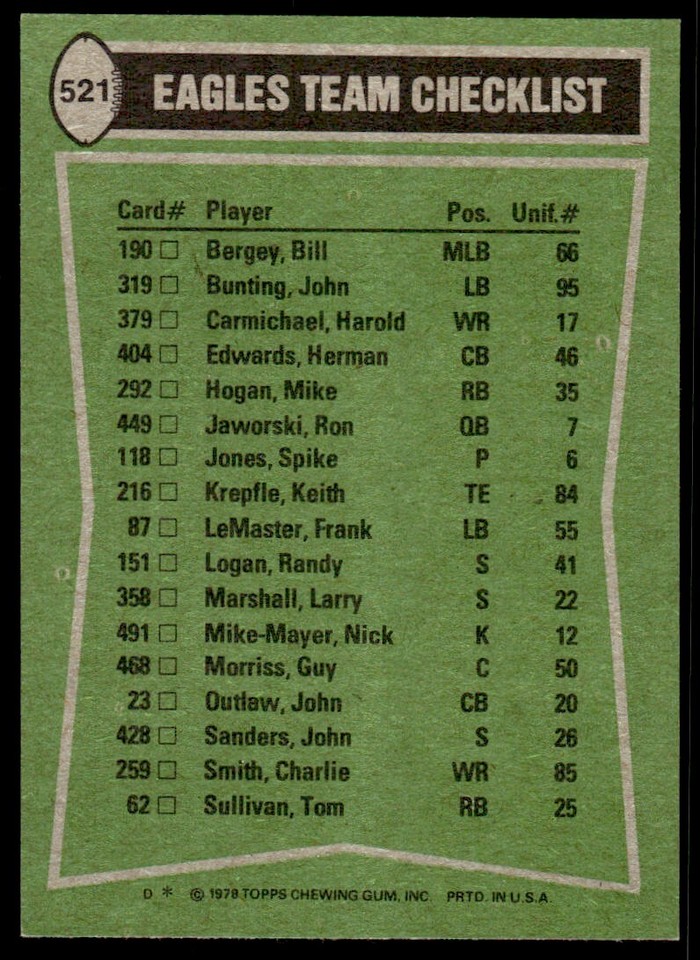 1978 TOPPS MIKE HOGAN/HAROLD CARMICHAEL/HERMAN EDWARDS PHILADELPHIA ...