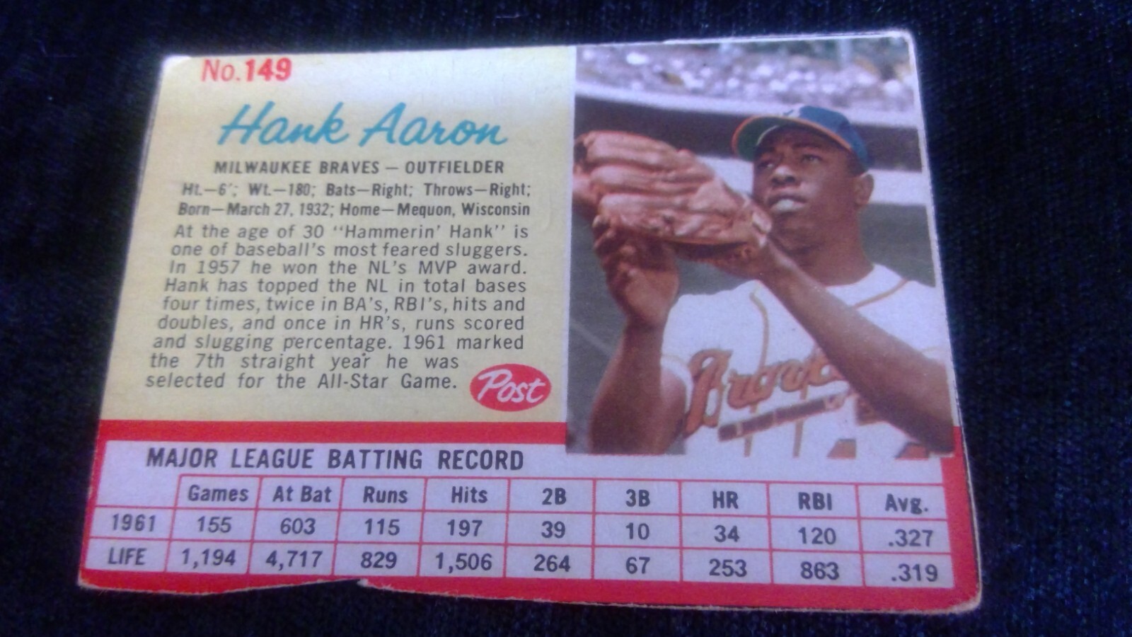 Vintage 1963 Hank Aaron #149 Post Baseball Trading Card Hand-Cut, Post Logo | eBay