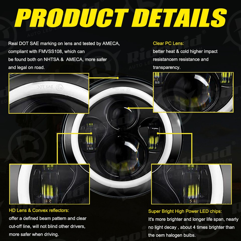 Angel Eye 7 inch Motorcycle LED Headlight Angel Eye for Harley Davidson ...