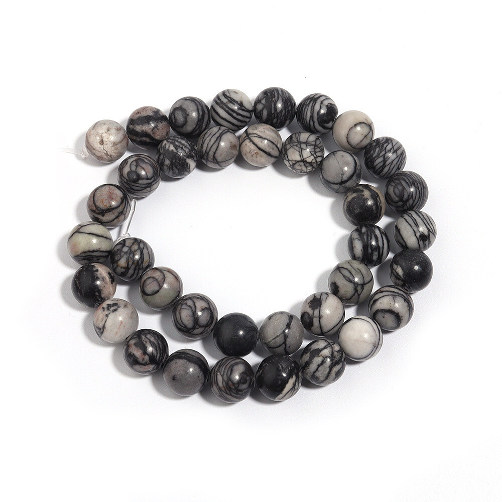 Natural Stone Black Network Round Spacer Beads Jewelry Making 4 6 8 10 ...