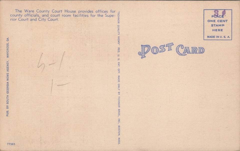 Waycross Georgia Court House Exterior View Vintage Linen Postcard ...