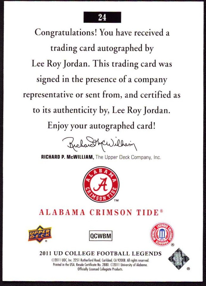 LEE ROY JORDAN 2011 Upper Deck College AUTOGRAPH Signed AUTO Crimson ...