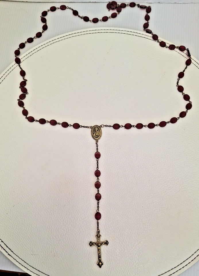 Vintage Saint Therese Red Bead Rosary Pray for Us INRI Crucifix 25" | eBay
