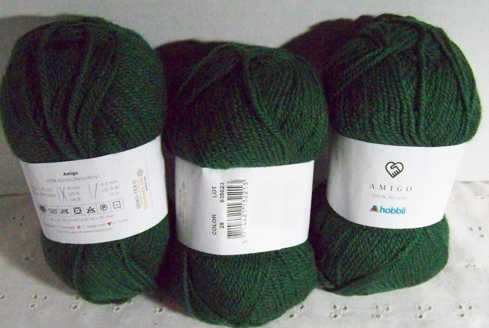 3 HOBBII Amigo 100% Acrylic Yarn Color #28 Green DK 50g each | eBay