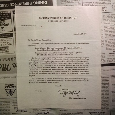 1957 Curtiss-Wright Stockholder Letter - CURON | eBay