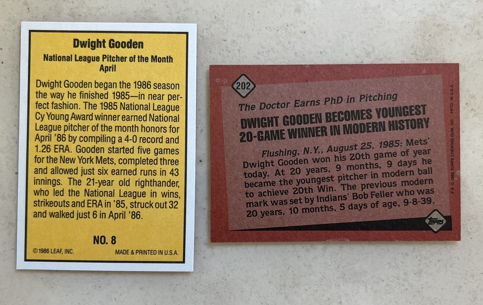 (2) Dwight Gooden 1986 Topps RB #202 & 1986 Donruss Highlights #8 New ...