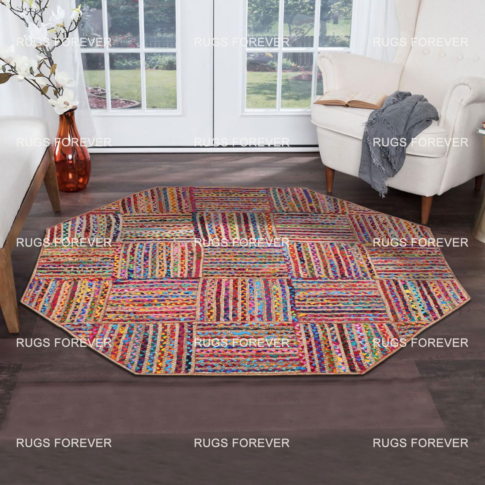 Red Octagon Kilims Hand Braided Cotton Jute Area Rug Living Room ...