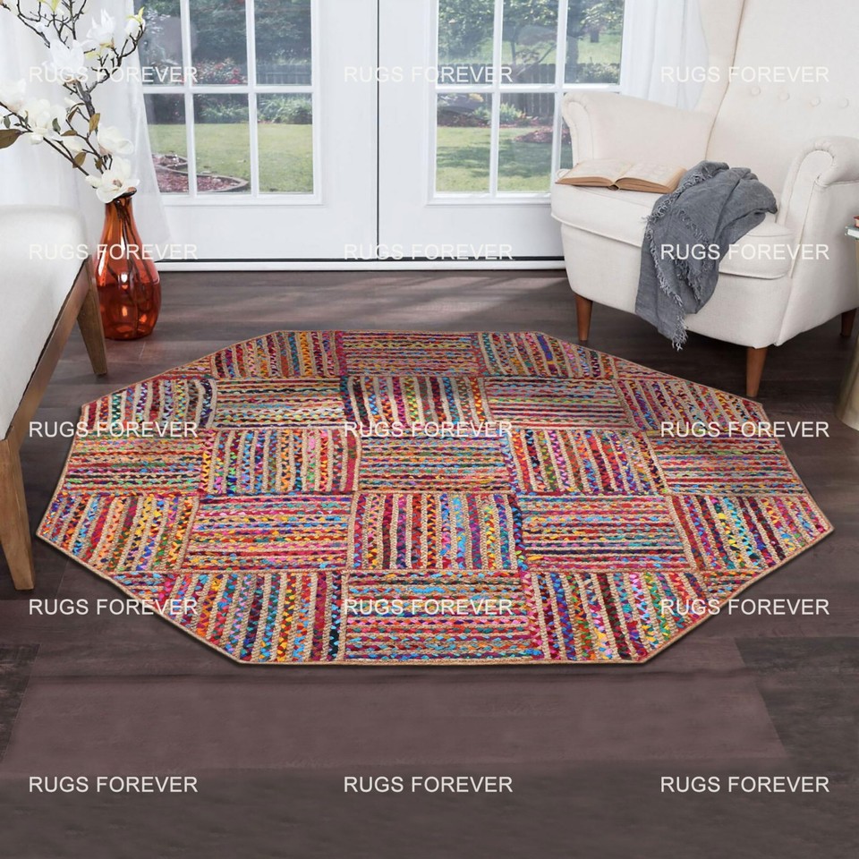 Red Octagon Kilims Hand Braided Cotton Jute Area Rug Living Room ...