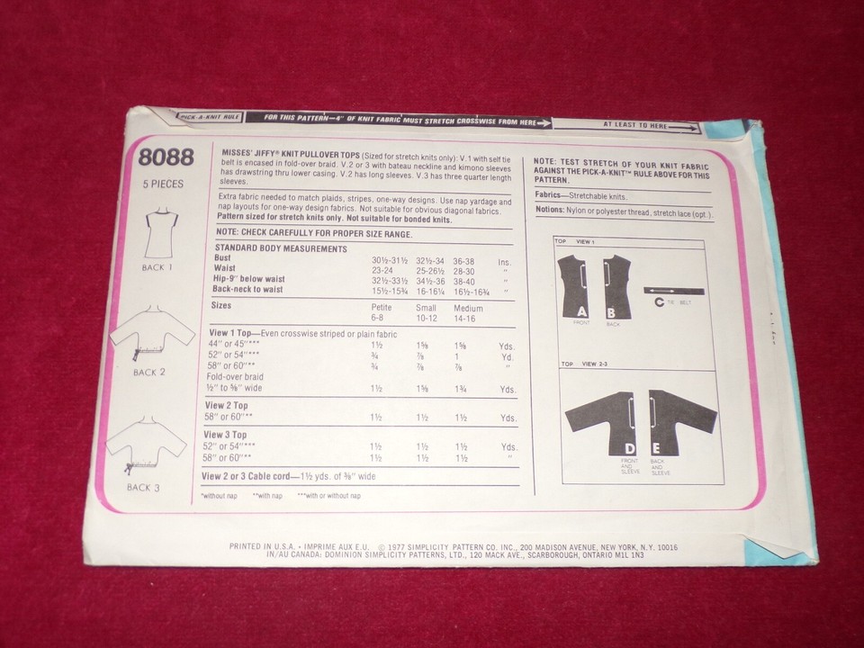 🌸 UNCIRCULATED 1977 SIMPLICITY #8088 - LADIES JIFFY (4 STYLE) TOP ...