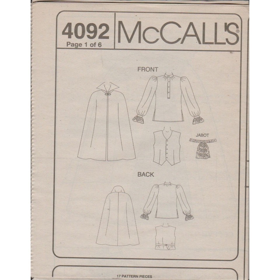 McCalls 4092 Mens Vampire Goth Cape Jabot Vest Costume Pattern Size XL ...