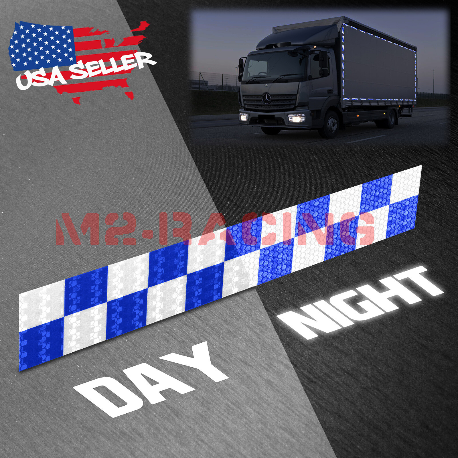 Blue & White Safety Reflective Checker Flag Sticker Stripe Warning Mark ...
